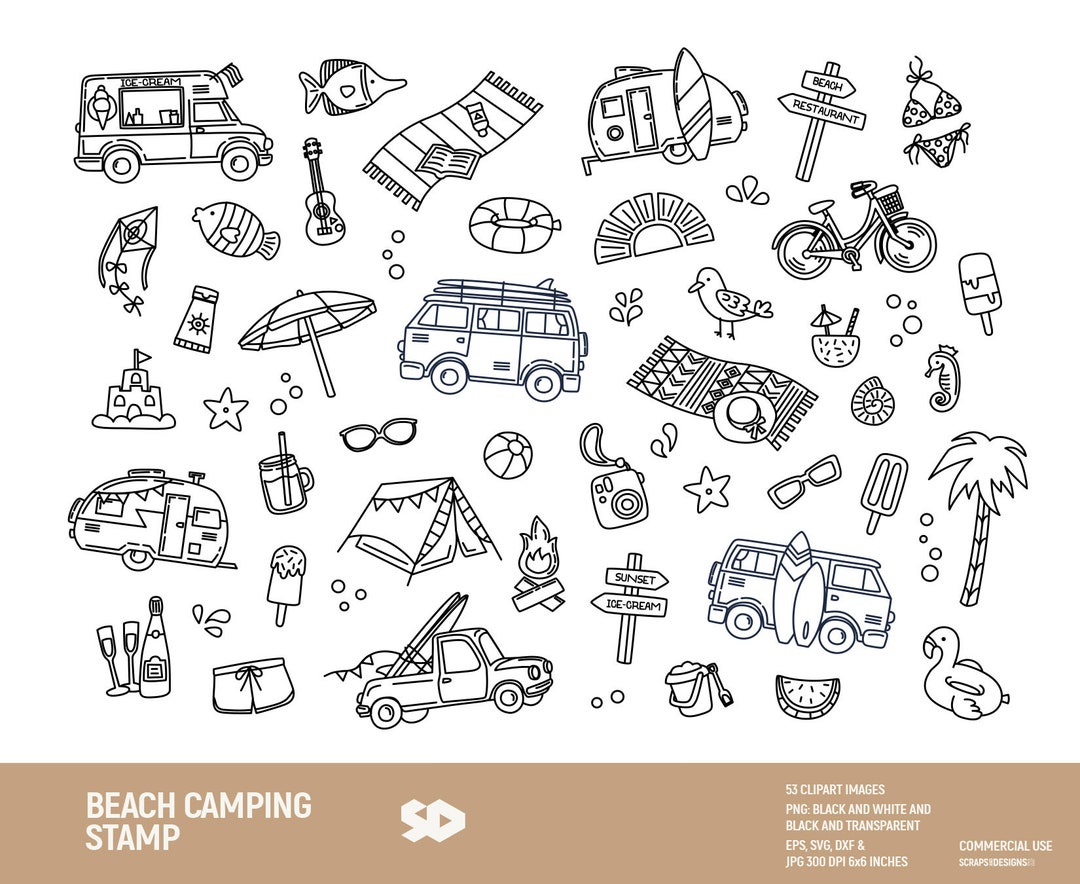 Beach Camping Clipart Bundle, Travel Holidays Clip Art Digital Stamp ...