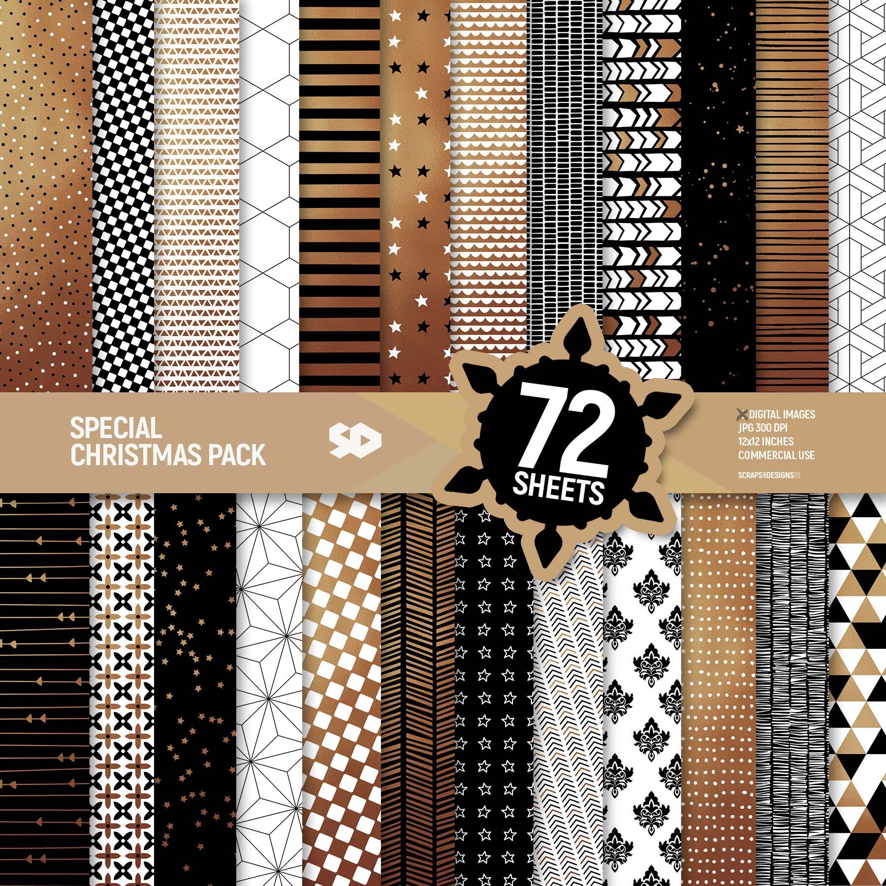 72 Christmas Digital Paper Pack. Black White and Gold Xmas Scrapbooking ...