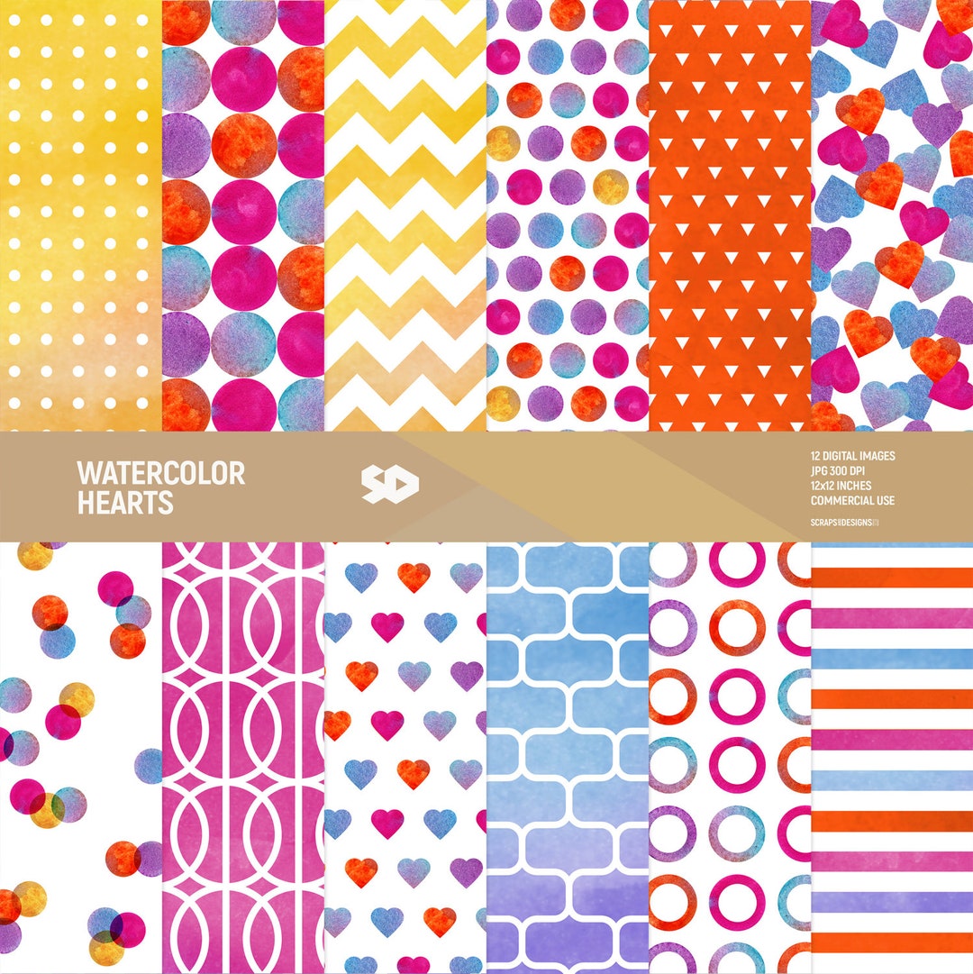 Watercolor Digital Paper Pack, Digital Scrapbook Pages, Pattern Hearts ...