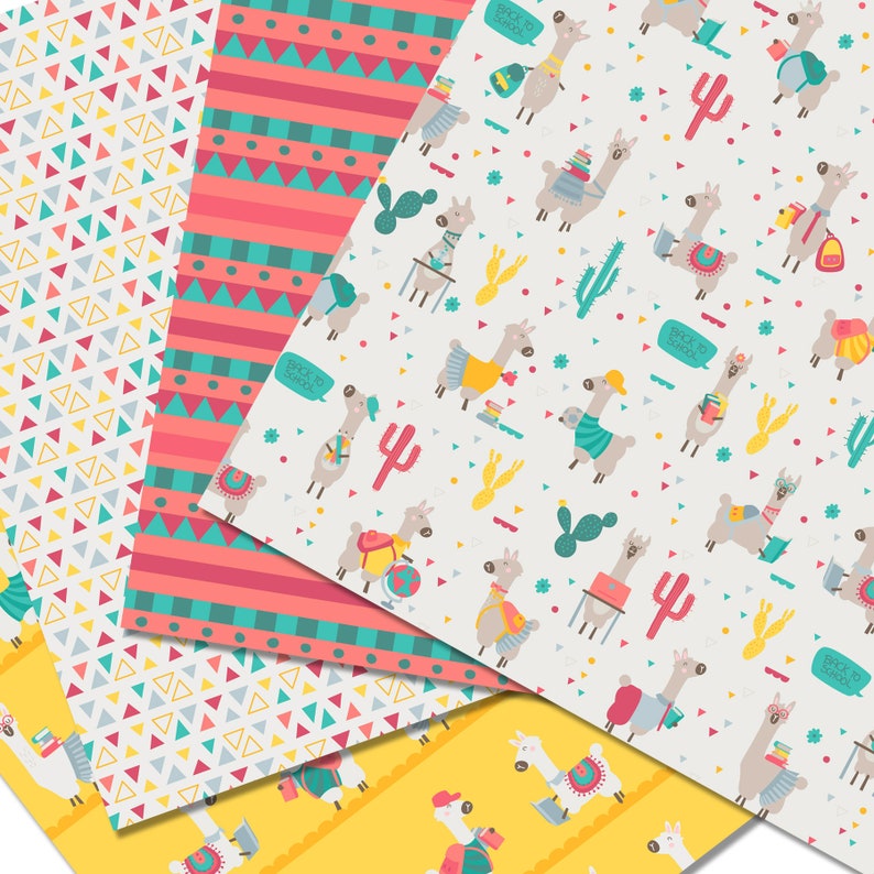 School Llama Digital Paper Pack, Cactus Scrapbook Pages, Alpaca, Kids ...