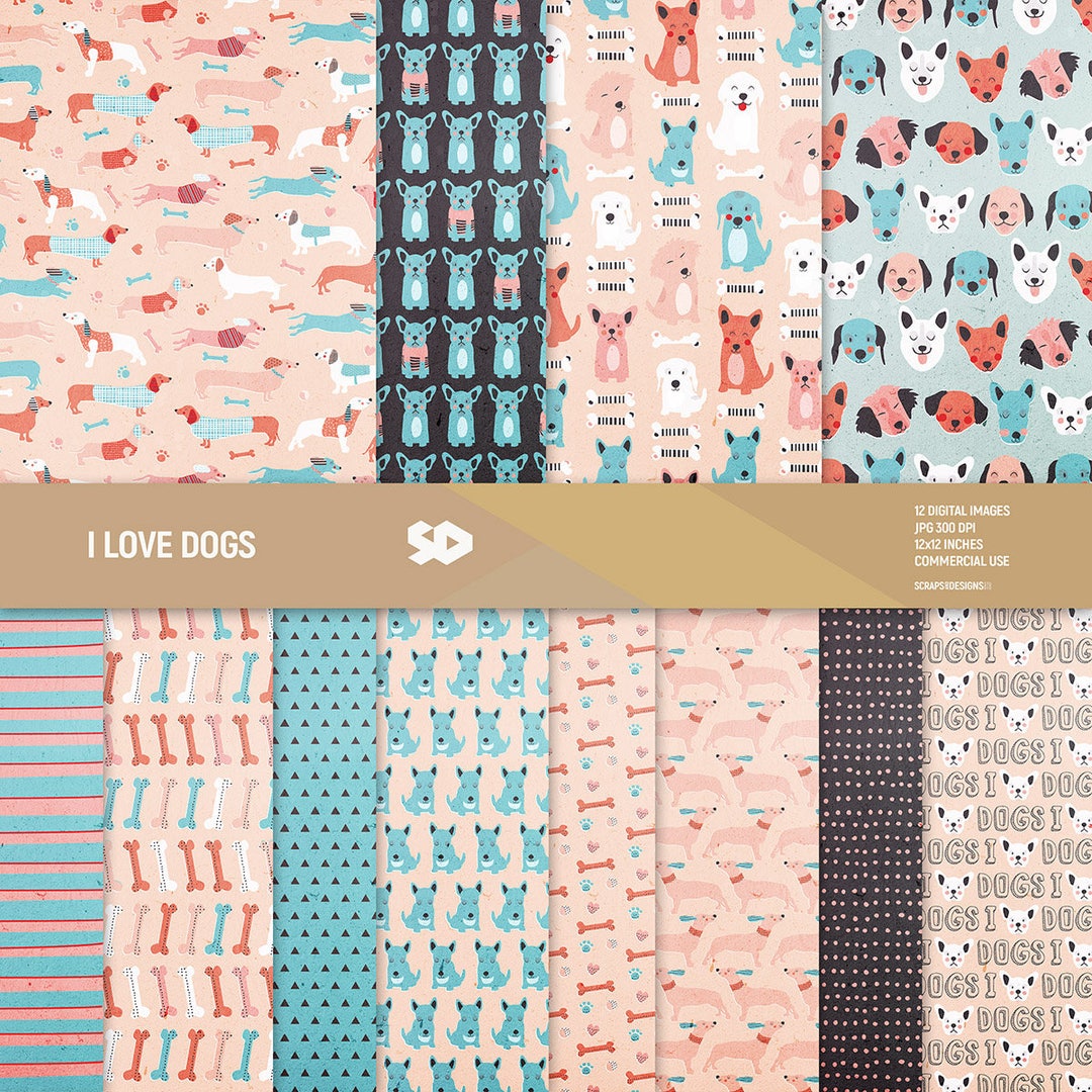 Dogs Digital Paper Pack, Dog Scrapbook Pages, Patterns, Puppy, Pets ...