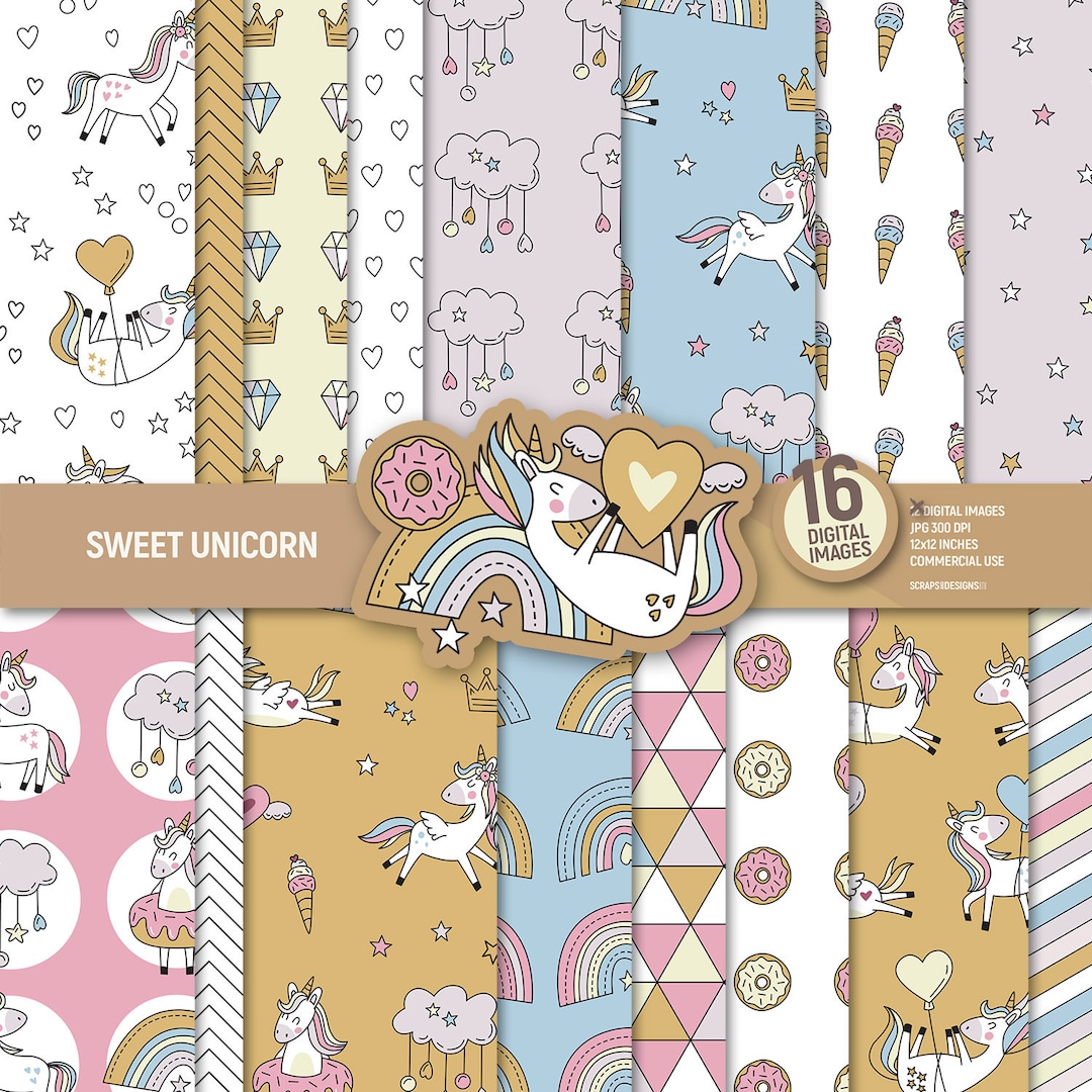 Sweet Unicorn Digital Paper Pack, Rainbow Scrapbook Pages, Diamond, Ice ...
