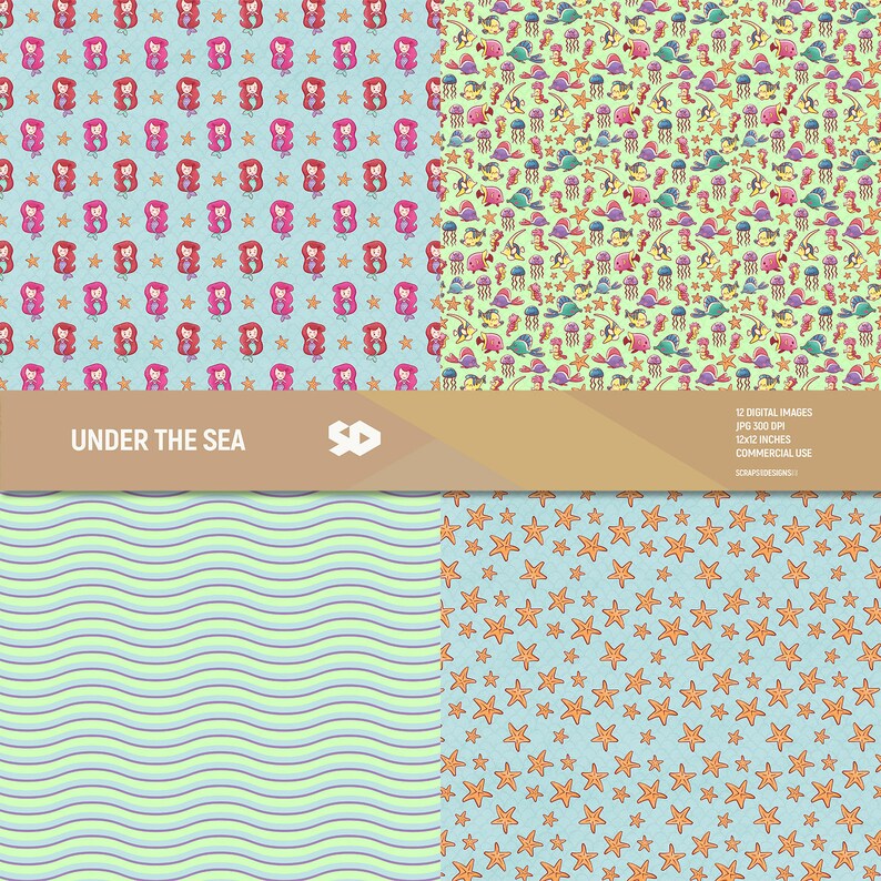 Mermaid Digital Paper Pack, Sea Scrapbook Pages, Patterns, Underwater ...