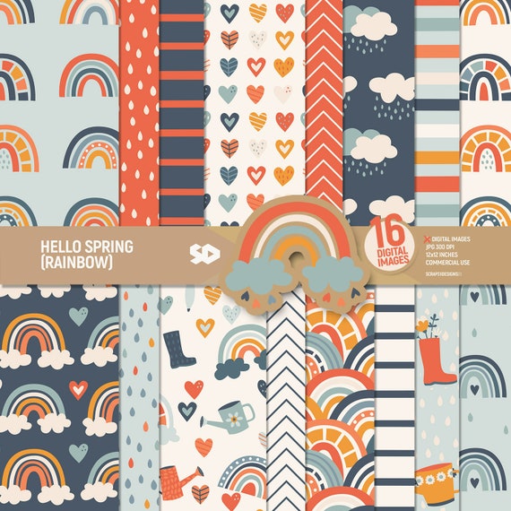 Hello Spring rainbow Digital Paper Clouds Scrapbook Pages | Etsy
