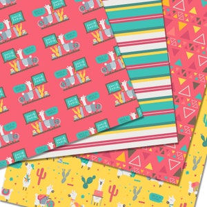 School Llama Digital Paper Pack, Cactus Scrapbook Pages, Alpaca, Kids ...