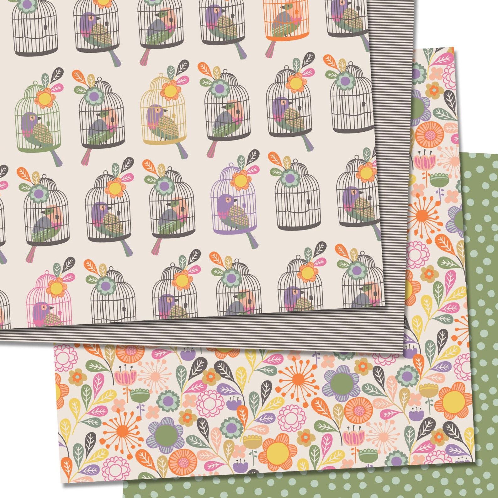 Birds Digital Paper Pack, Bird Cages Scrapbook Pages, Floral Pattern ...