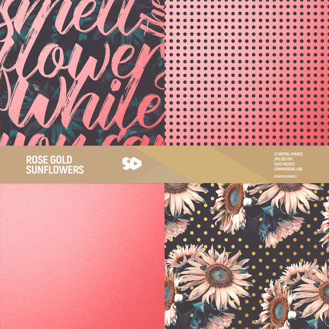 Rose Gold Sunflowers Digital Paper Pack Scrapbook Paper - Etsy