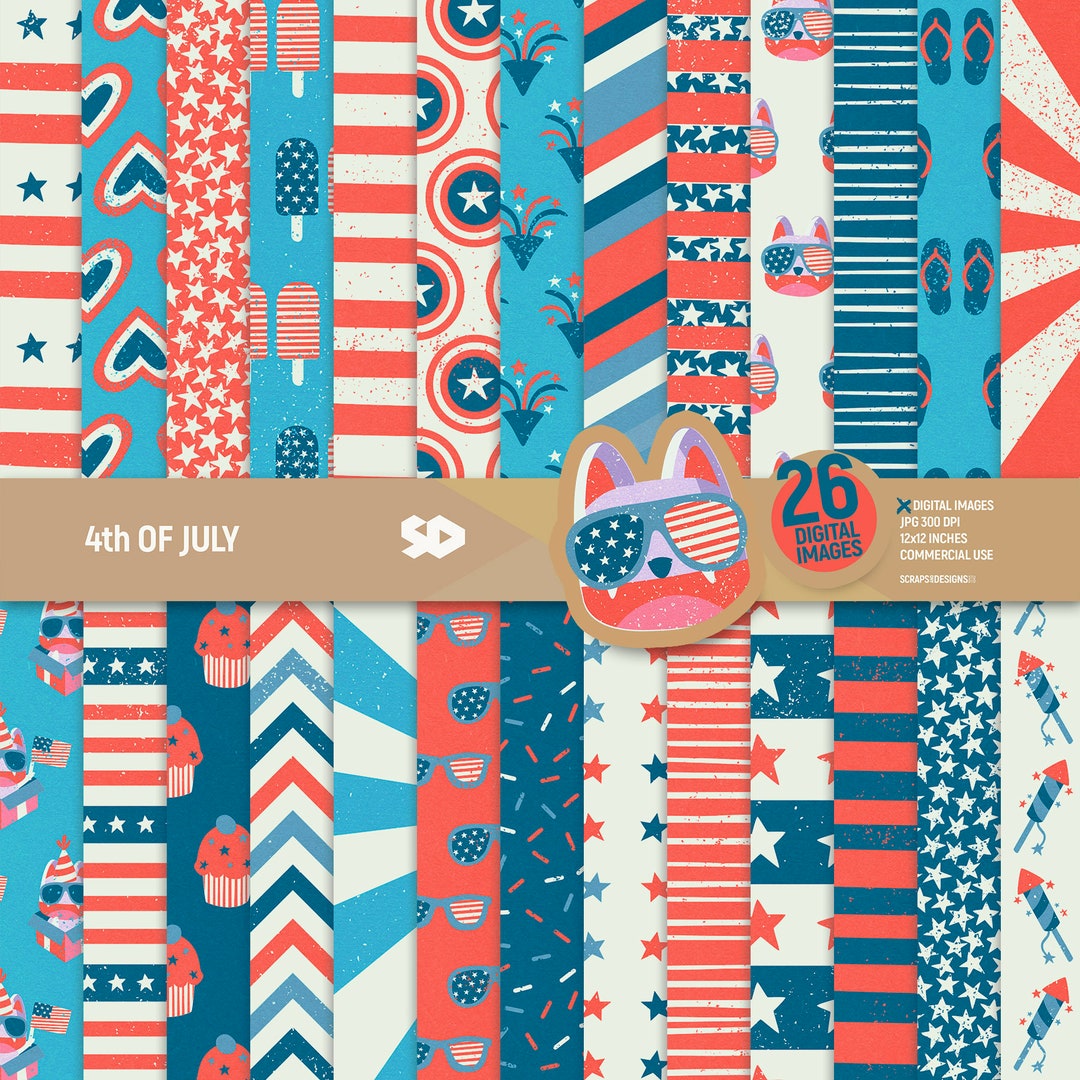 4th of July Digital Paper Pack, Independence Day Patterns, USA Flag ...