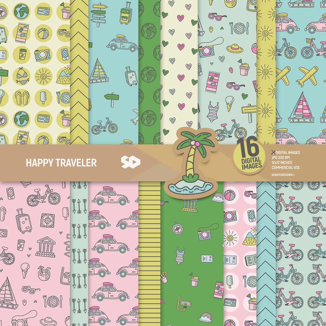 Happy Traveler Digital Paper Pack, Vacations Scrapbook Pages, Travel ...