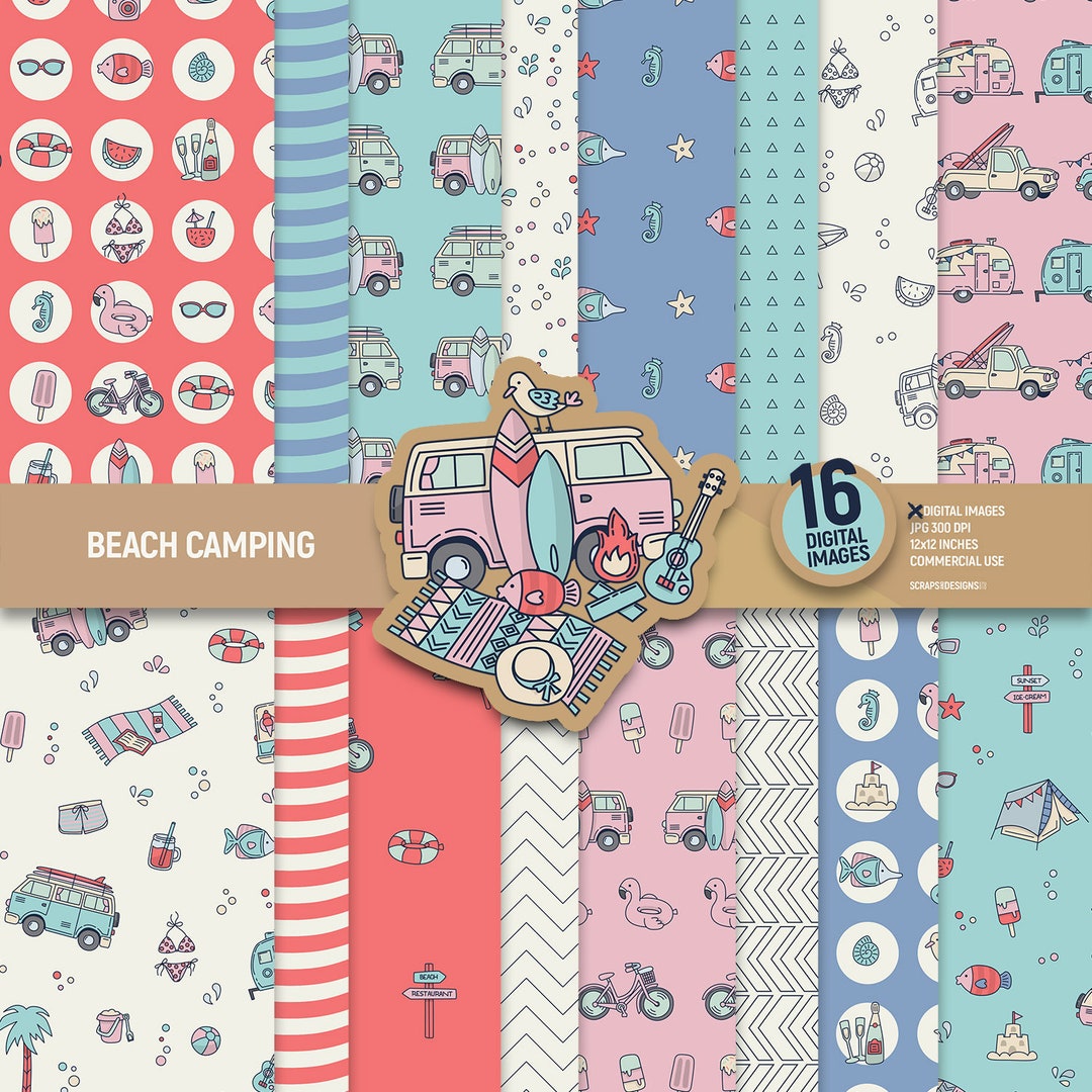 Beach Camping Digital Paper Pack, Surf Scrapbook Pages, Travel Patterns ...