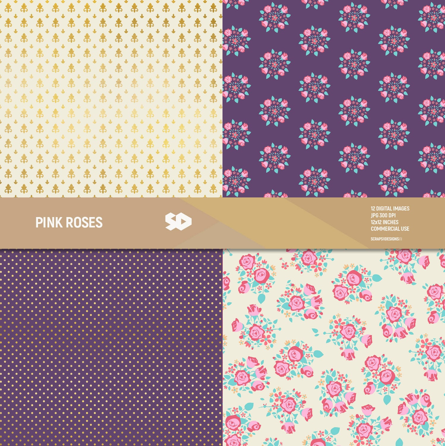 Pink Roses Digital Paper Pack, Flowers Scrapbook Pages, Floral Patterns ...