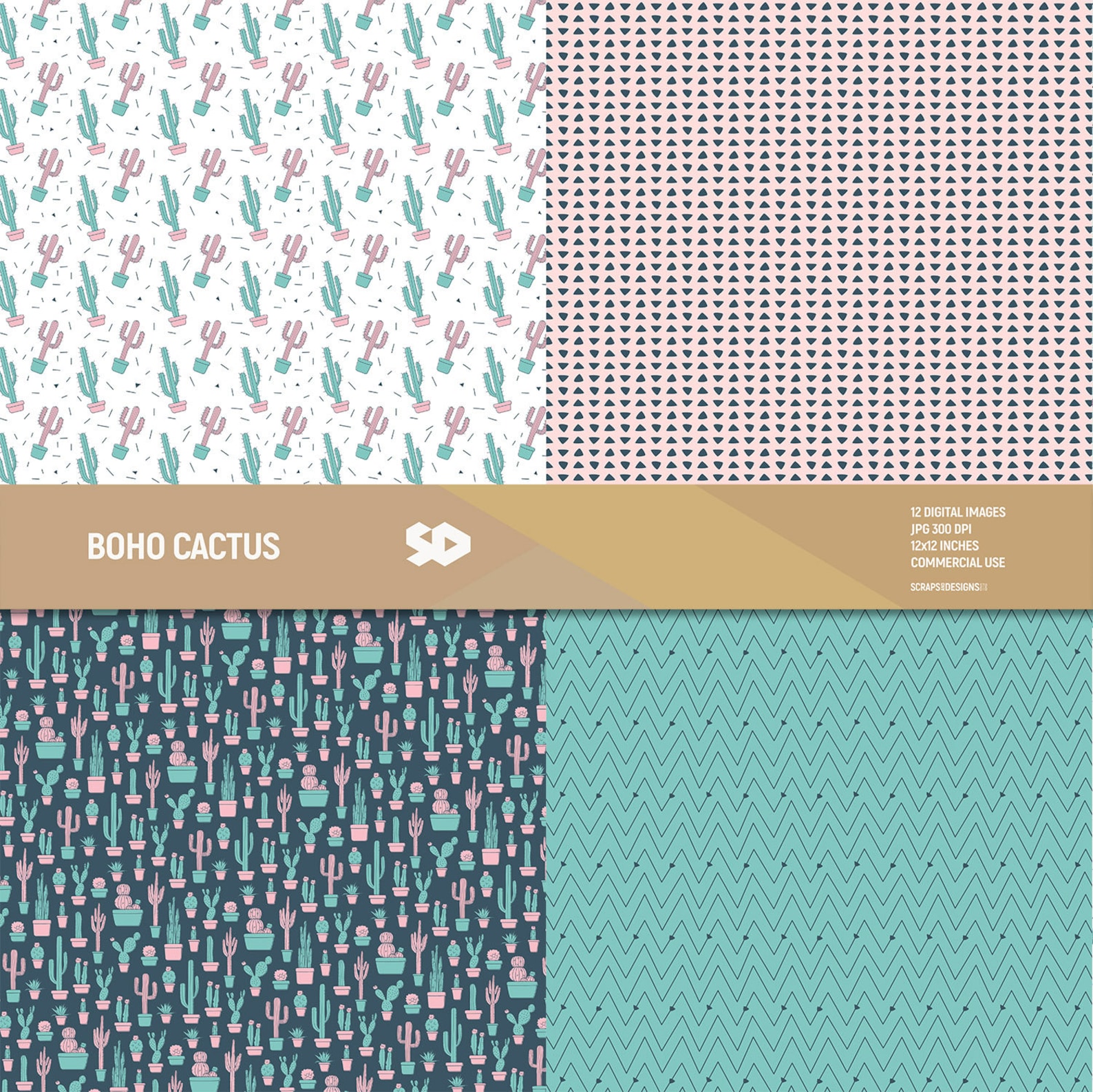 Boho Cactus Digital Paper Pack. Cactus Scrapbooking Pages, Desert ...