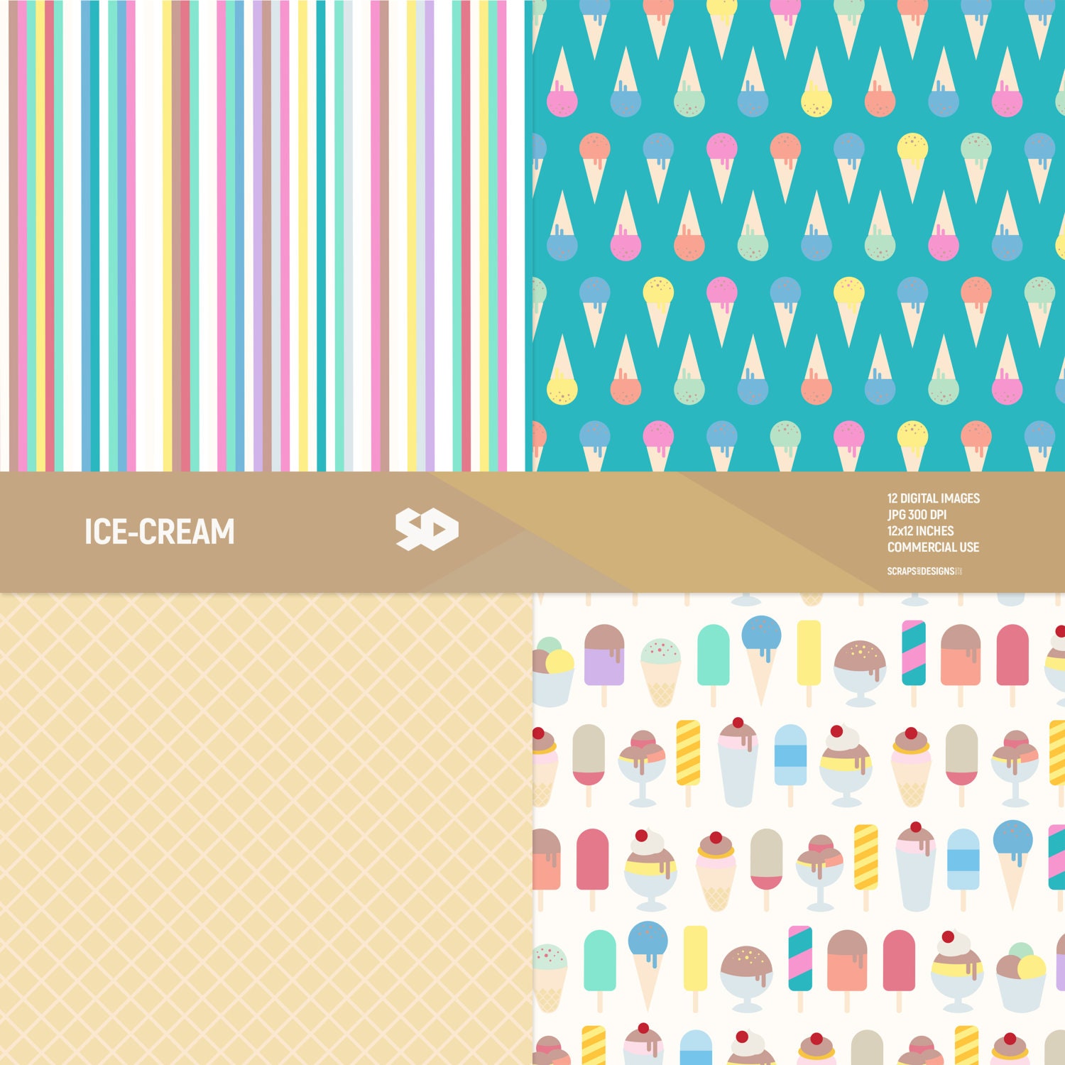 Ice-cream Digital Paper Pack, Summer Scrapbooking Paper, Printable ...