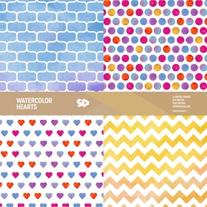 Watercolor Digital Paper Pack, Digital Scrapbook Pages, Pattern Hearts ...