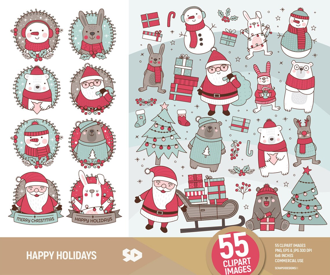 Happy Holidays Clipart Santa Clip Art Christmas Clipart - Etsy