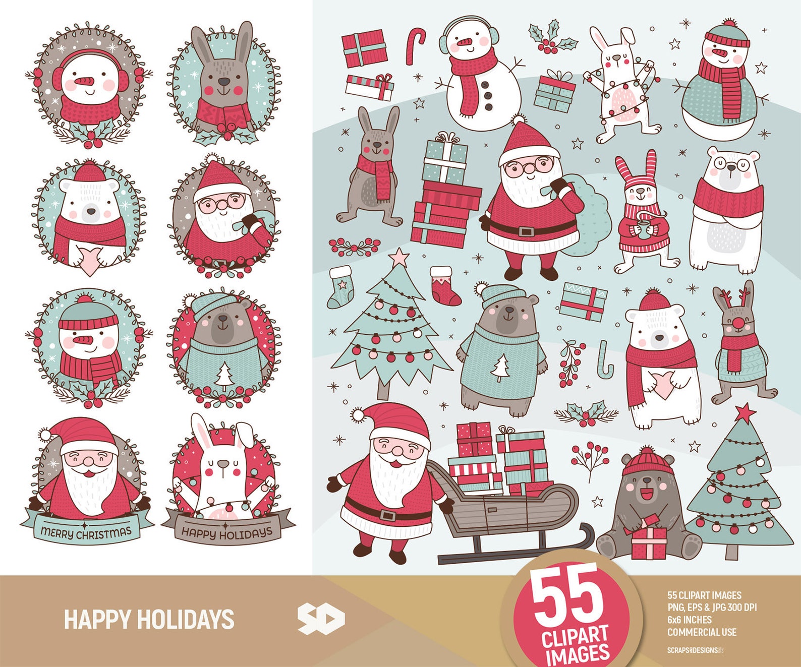 Happy Holidays Clipart Santa Clip Art Christmas Clipart - Etsy