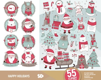 Black and White Christmas Clipart Bundle Santa Clip Art - Etsy