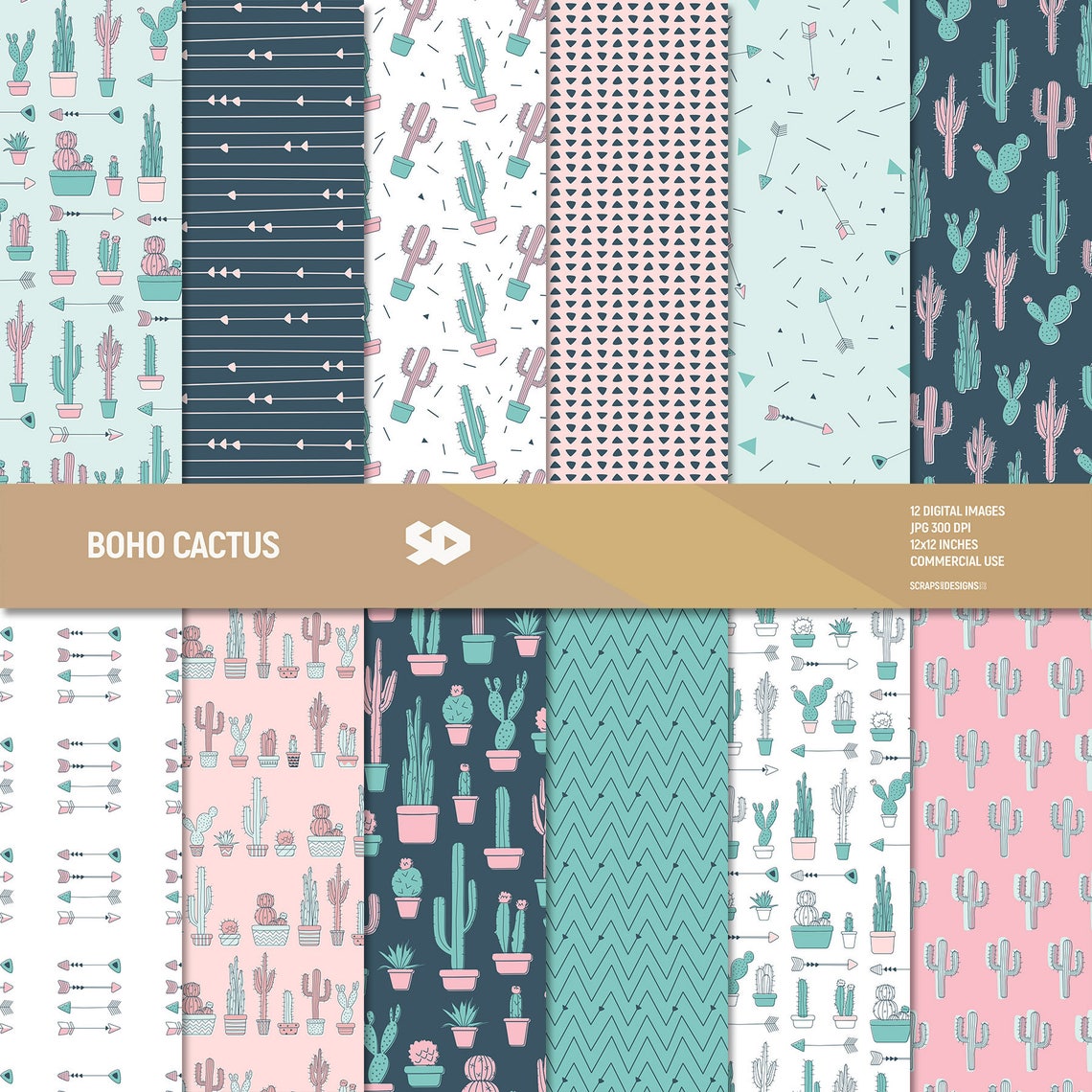Boho Cactus Digital Paper Pack. Cactus Scrapbooking Pages - Etsy