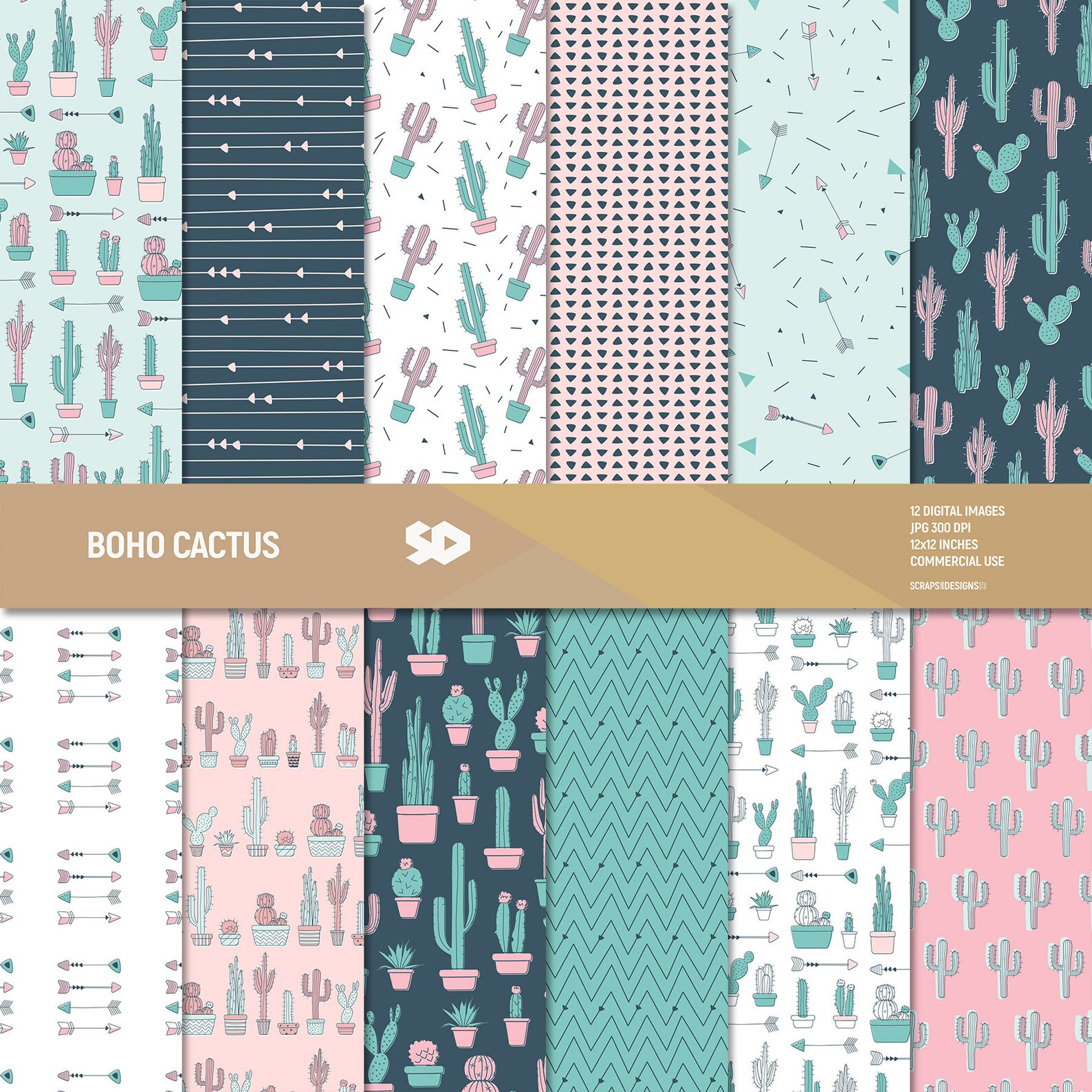 Boho Cactus Digital Paper Pack. Cactus Scrapbooking Pages, Desert ...