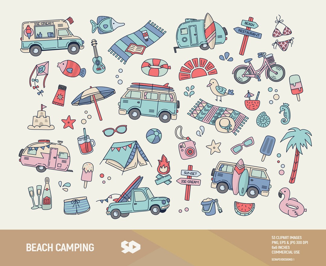 Beach Camping Clipart, Travel Holidays Clip Art, Surf Draw, Van Camper ...