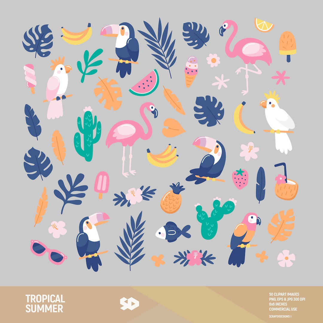 Tropical Summer Clipart, Travel Flamingo Clip Art. Toucan Pineapple Ice ...