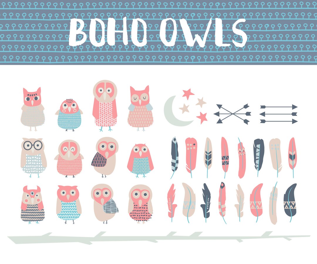 Boho Owls Digital Clipart. Owl Clip Art. Arrows Clip-art. Moon, Stars ...