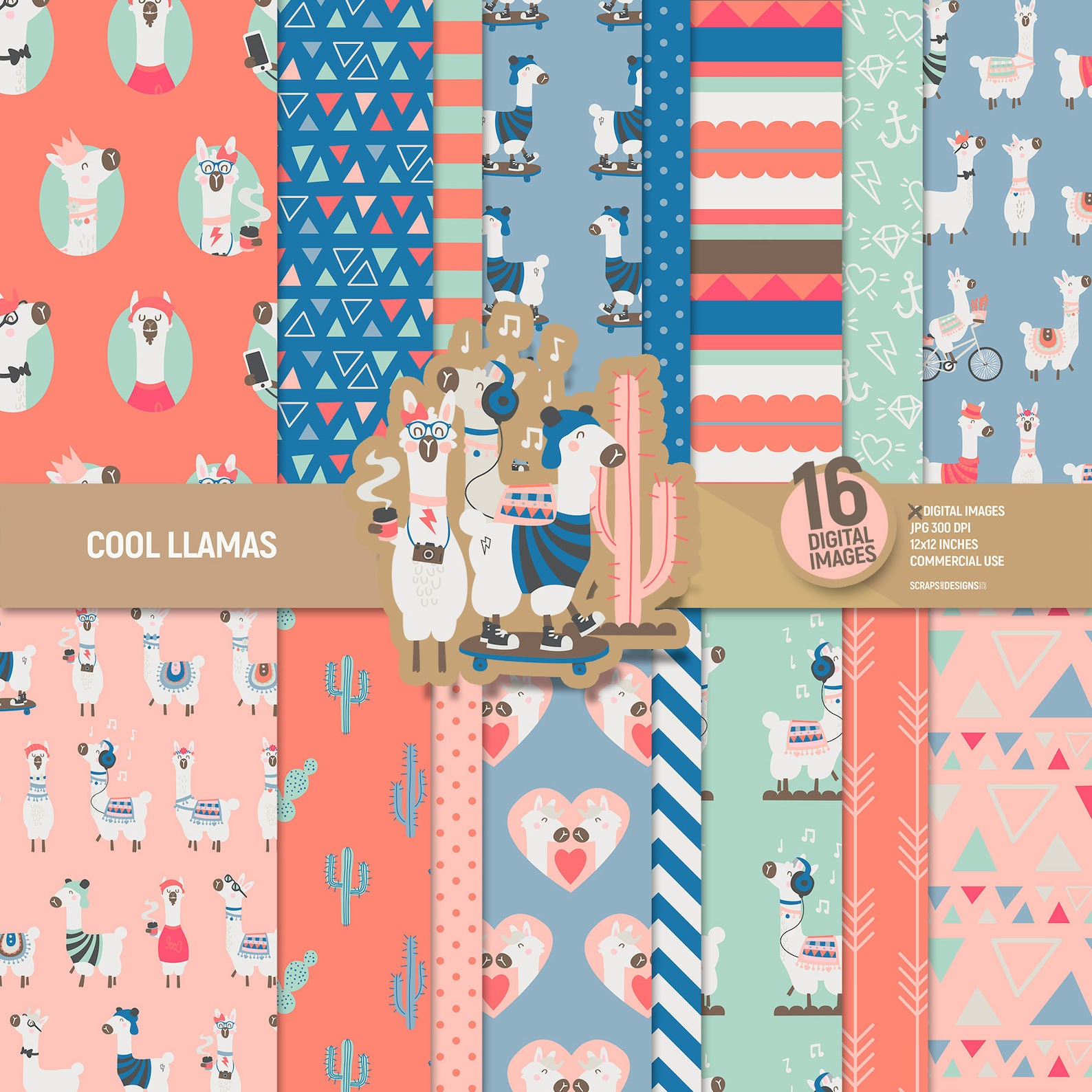 Cool Llamas Digital Paper Pack, Cactus Scrapbook Pages, Alpaca Patterns ...