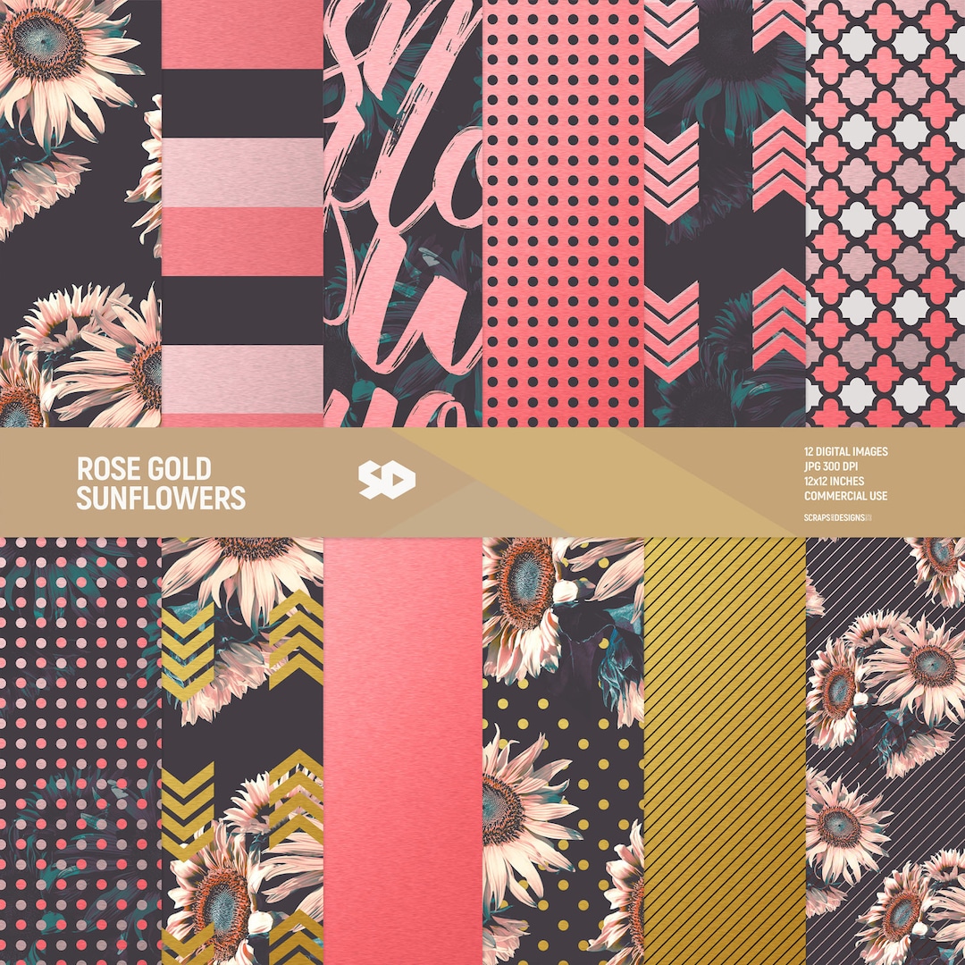 Rose Gold Sunflowers Digital Paper Pack, Scrapbook Paper, Printable ...