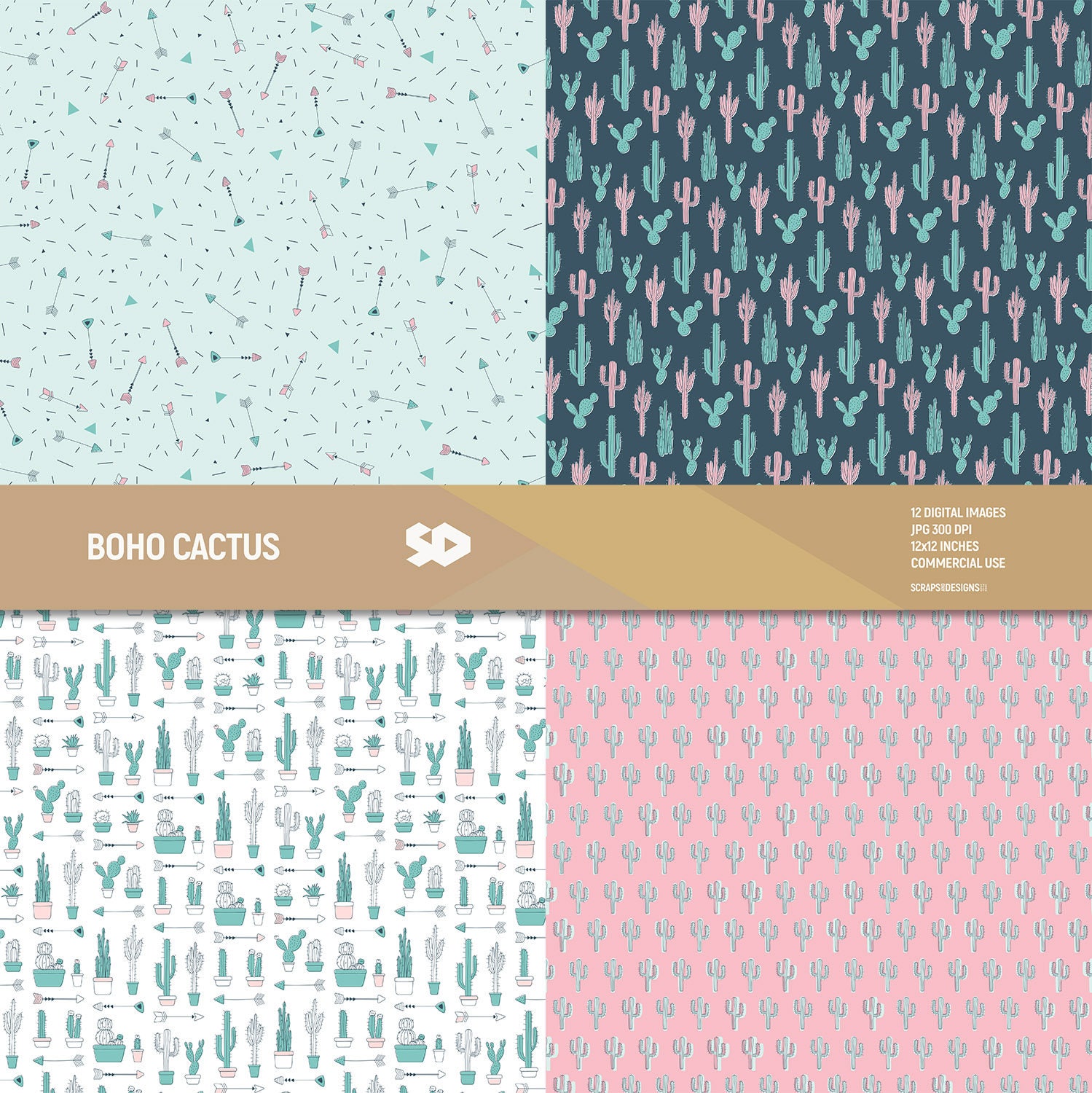Boho Cactus Digital Paper Pack. Cactus Scrapbooking Pages, Desert ...