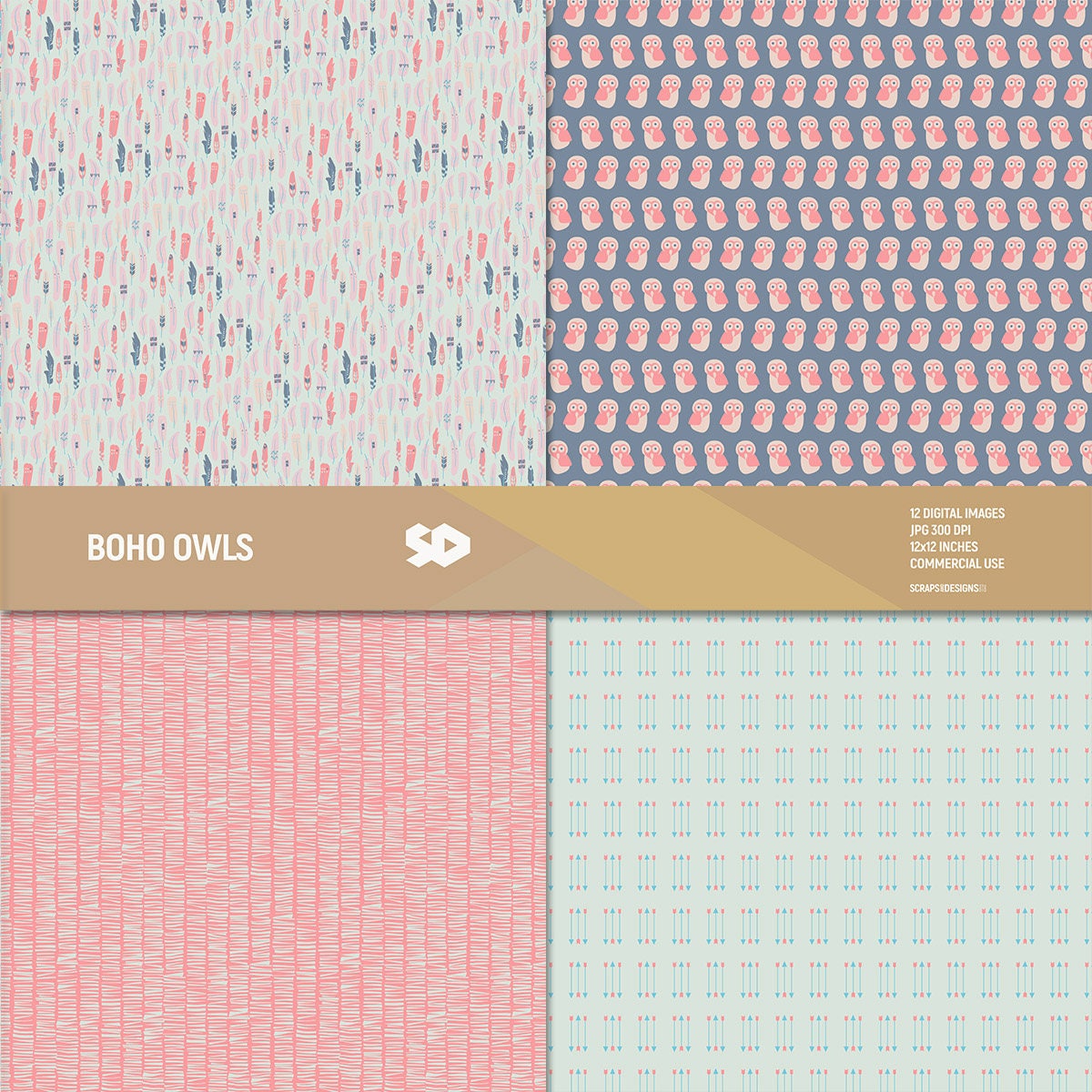 Boho Owls Digital Paper Pack. Scrapbooking Pages, Background, Scrapbook ...