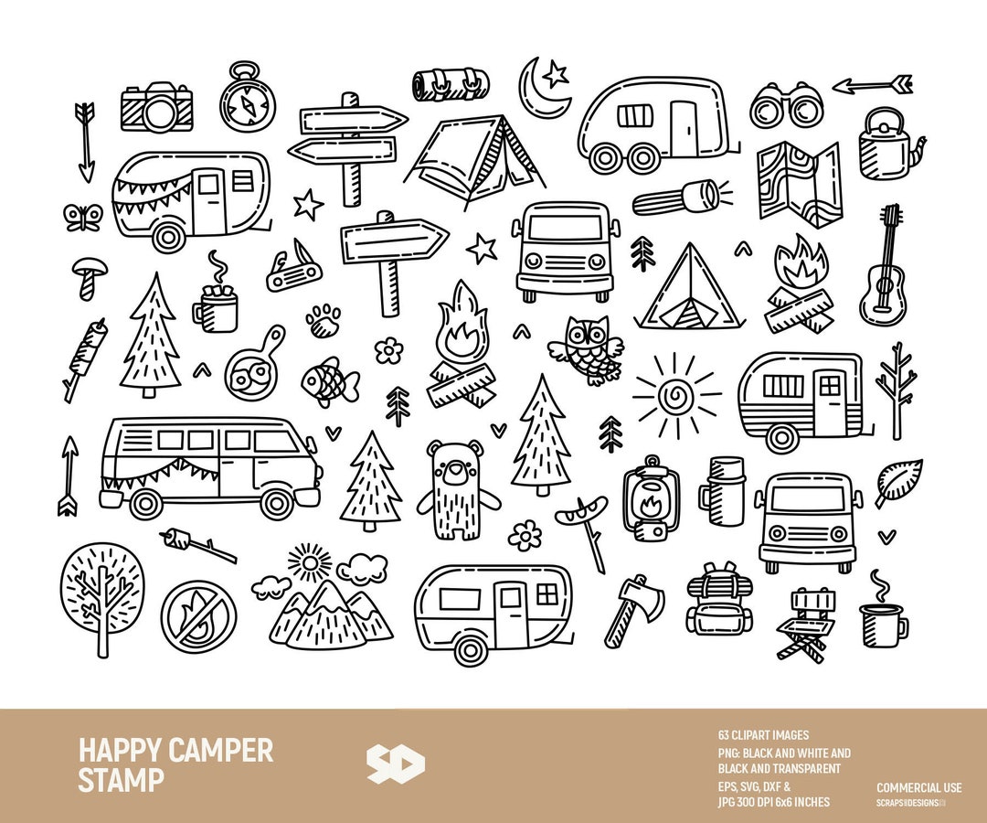 Happy Camper Clipart Bundle, Camping Clip Art, Travel Digital Stamp ...