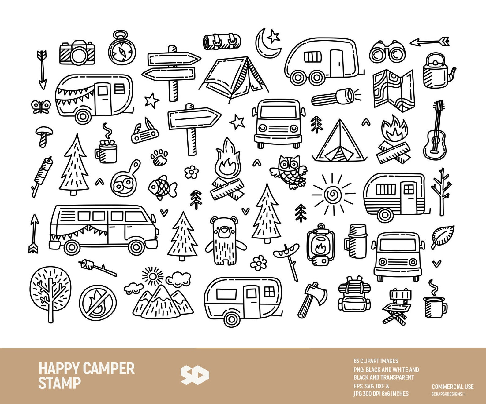 Happy Camper Clipart Bundle Camping Clip Art Travel Digital - Etsy