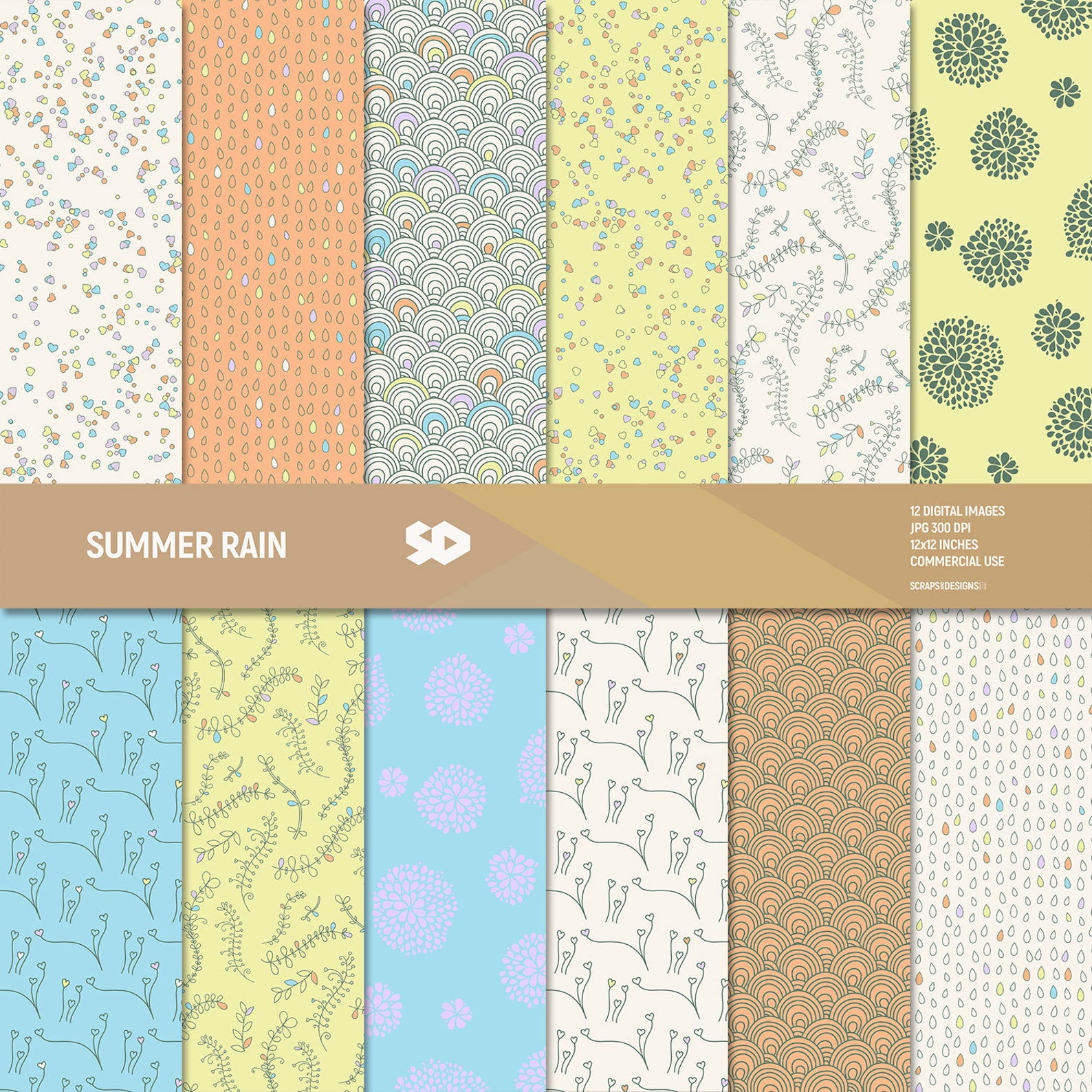 Summer Rain Digital Paper Pack. Floral Scrapbooking Pages, Flowers ...