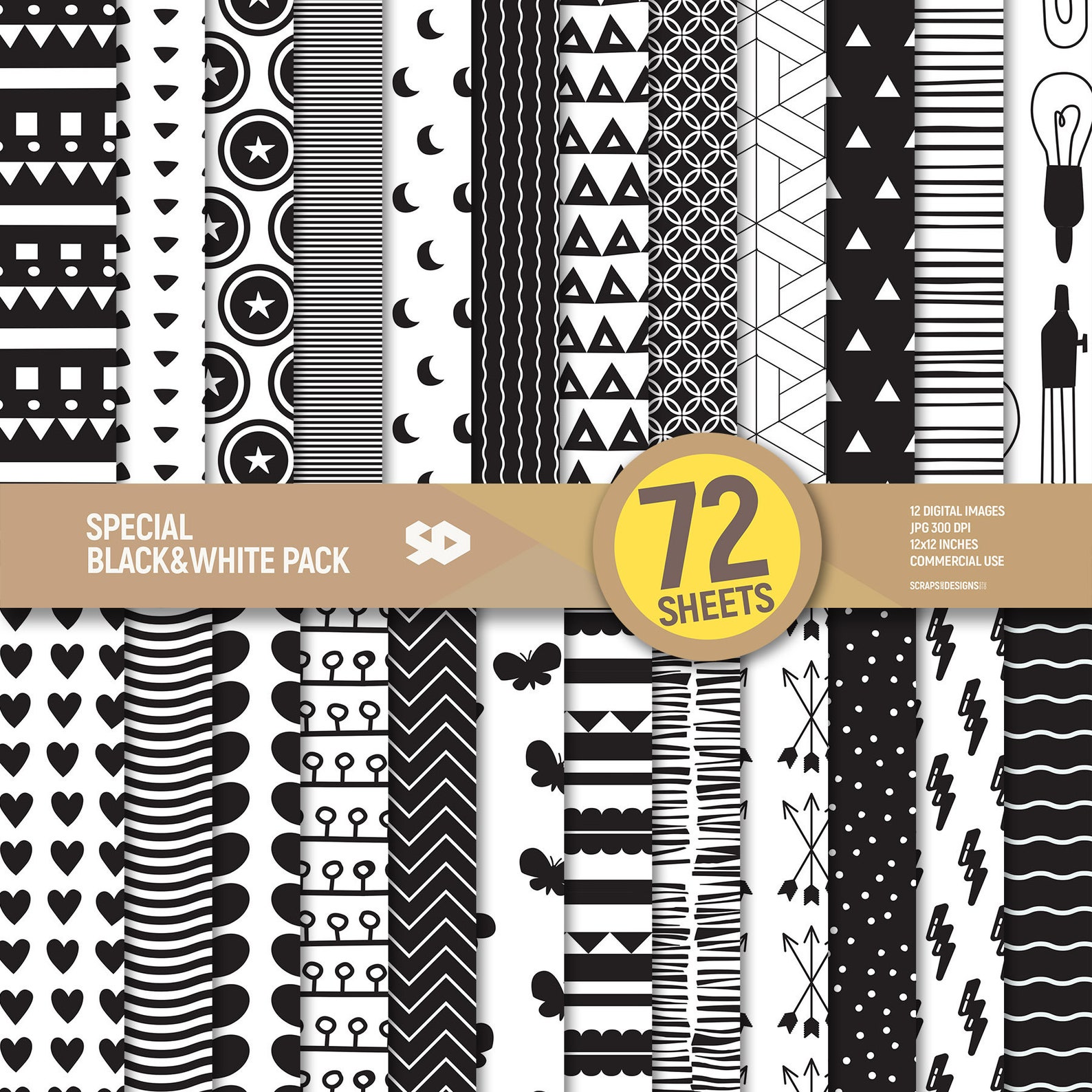 72 Black and White Digital Paper Pack. Patterns, Scrapbooking Pages. B ...