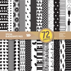 72 Black and White Digital Paper Pack. Patterns, Scrapbooking Pages. B ...