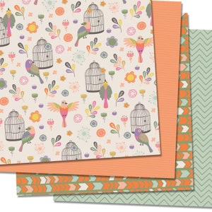 Birds Digital Paper Pack, Bird Cages Scrapbook Pages, Floral Pattern ...