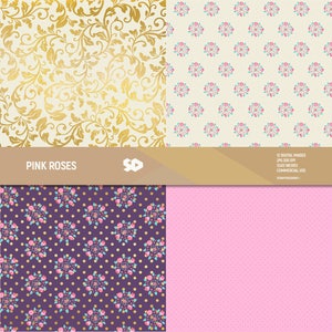 Pink Roses Digital Paper Pack, Flowers Scrapbook Pages, Floral Patterns ...