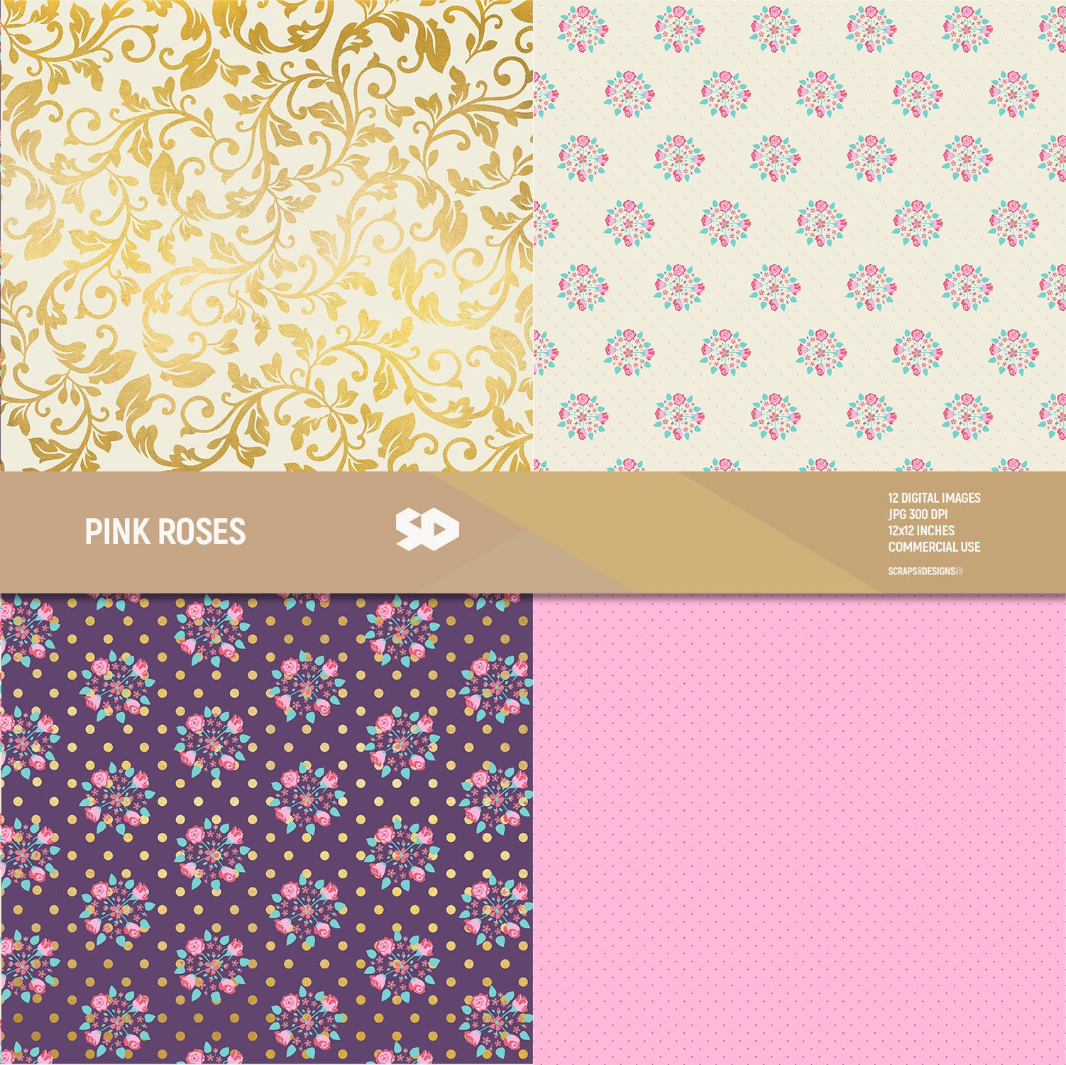 Pink Roses Digital Paper Pack, Flowers Scrapbook Pages, Floral Patterns ...