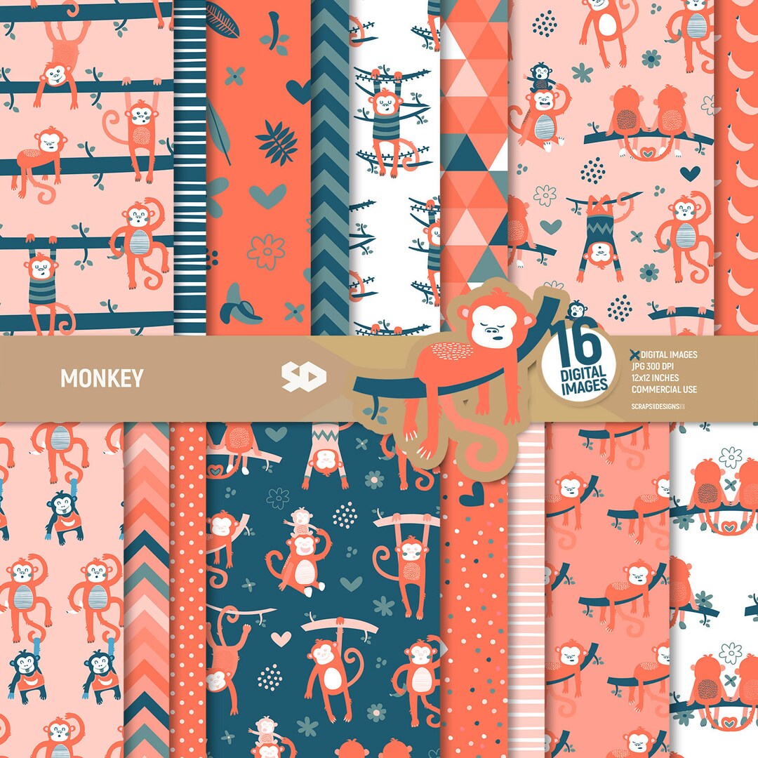 Monkey Digital Paper Pack, Monkeys Scrapbook Pages, Animal Patterns ...