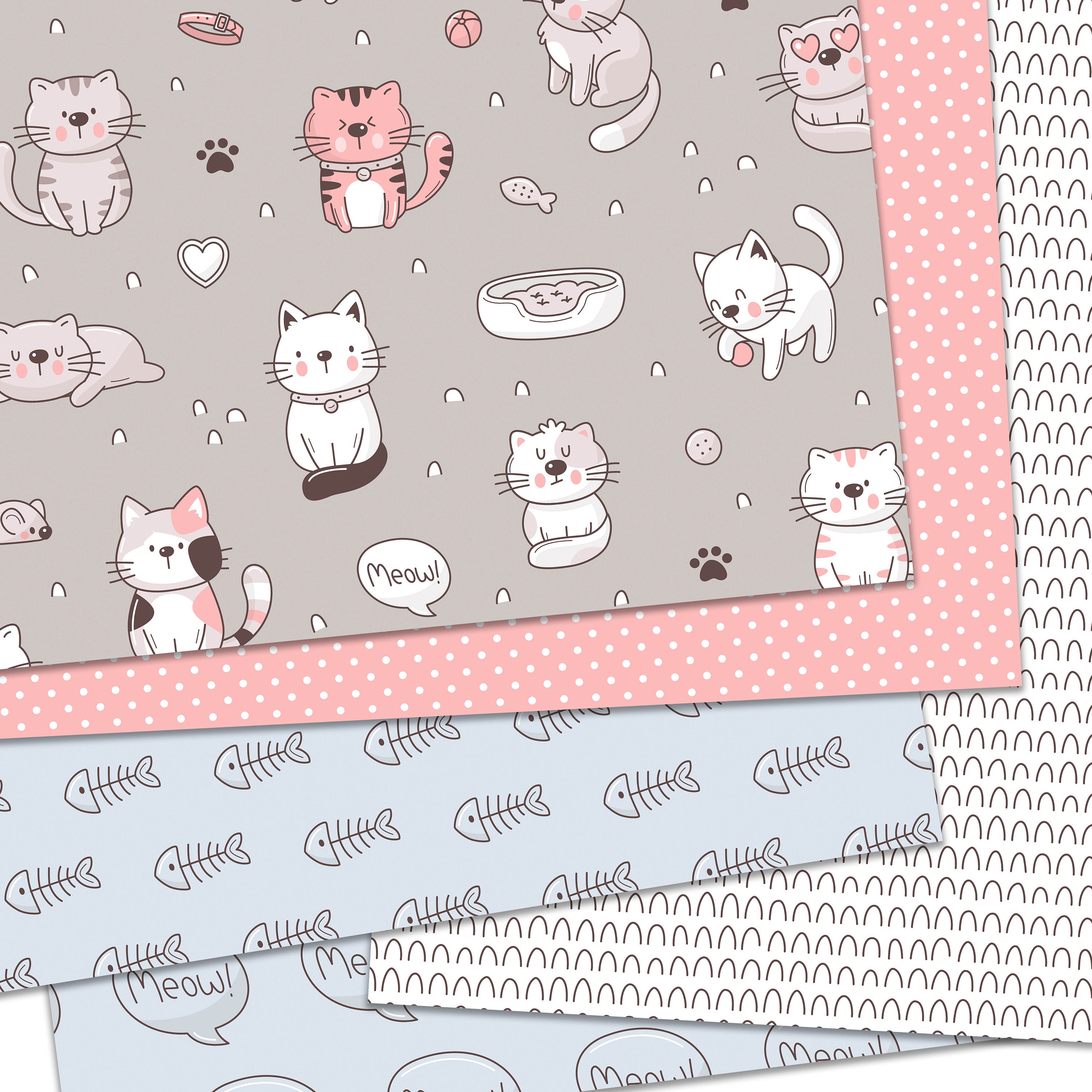 Funny Cats Digital Paper Pack, Cat Scrapbook Pages, Patterns, Kittens ...