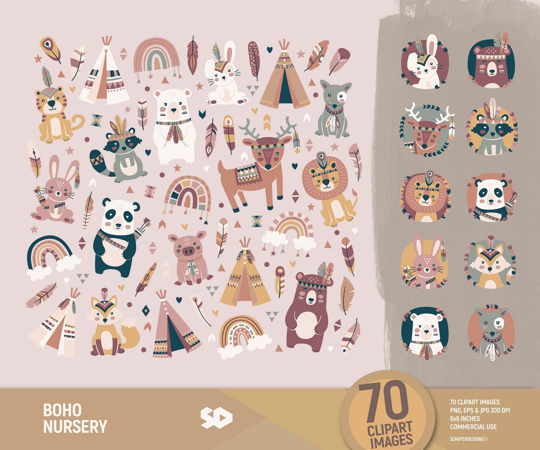Boho Nursery Clipart, Tribal Animal Clip Art. Feather Rainbow, Woodland ...