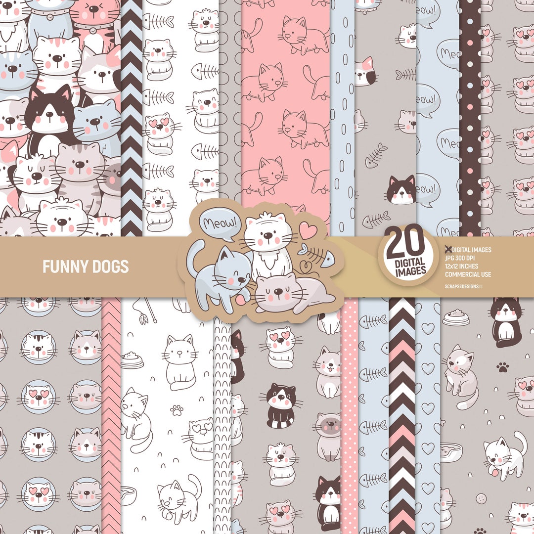 Funny Cats Digital Paper Pack, Cat Scrapbook Pages, Patterns, Kittens ...