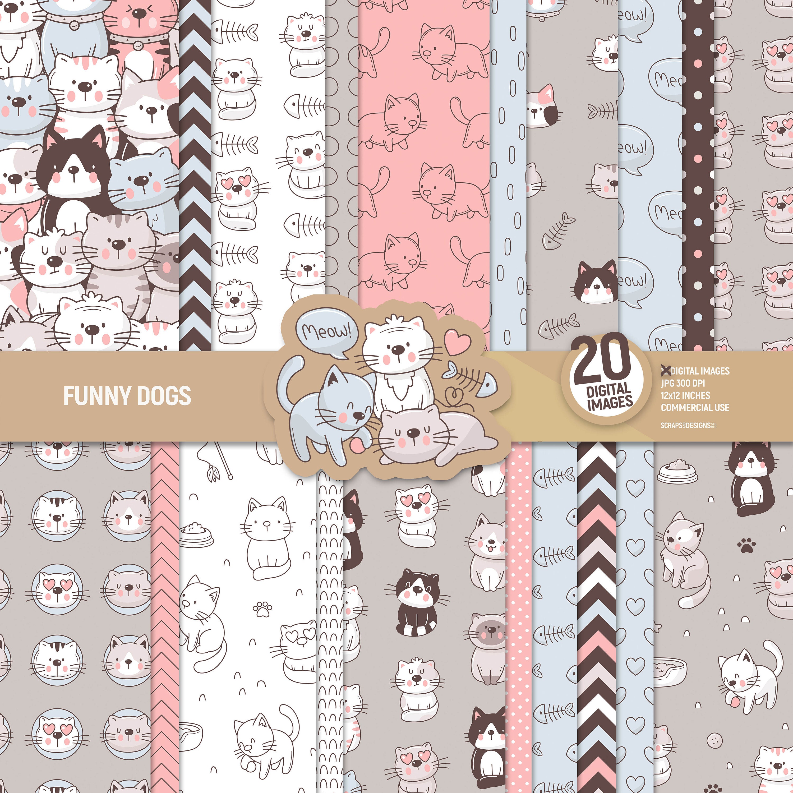 Funny Cats Digital Paper Pack, Cat Scrapbook Pages, Patterns, Kittens ...