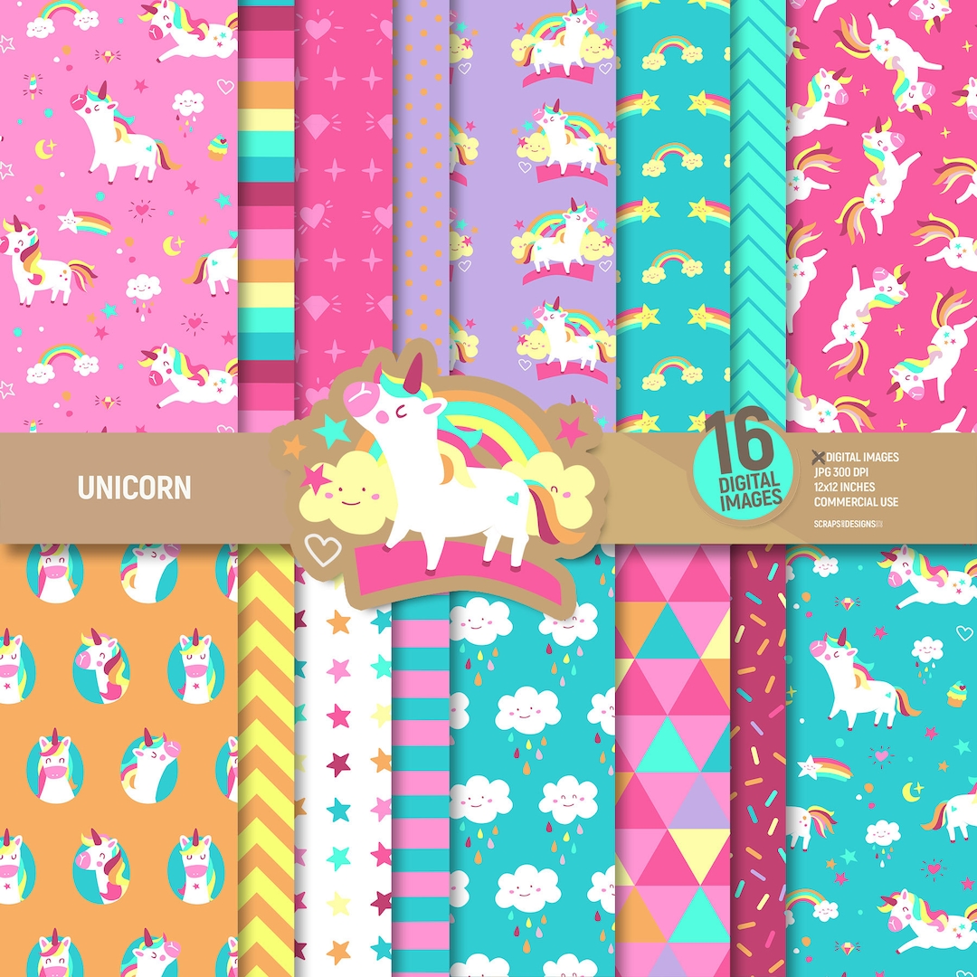 Unicorn Digital Paper Pack, Rainbow Scrapbook Pages, Colourful Patterns ...