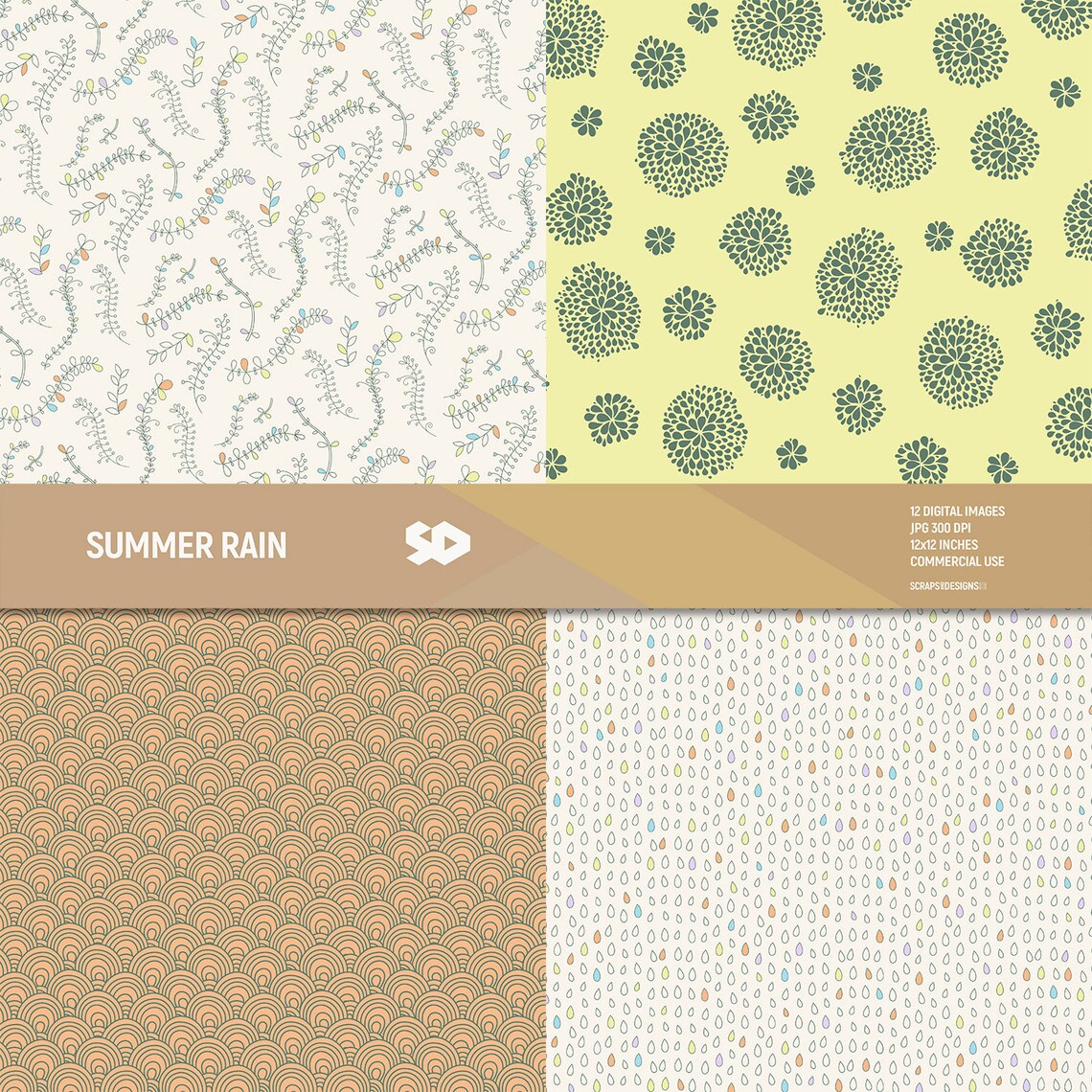 Summer Rain Digital Paper Pack. Floral Scrapbooking Pages, Flowers ...