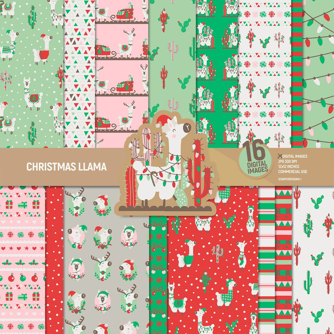 Christmas Llama Digital Paper Pack, Cactus Scrapbook Pages, Alpaca ...