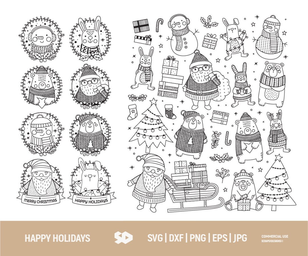 Happy Holidays Clipart Bundle, Doodle Santa, Christmas, Animals, Black ...