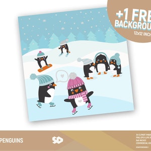 Penguins Clipart, Penguin Clip Art, Winter Clipart, Snow Background ...