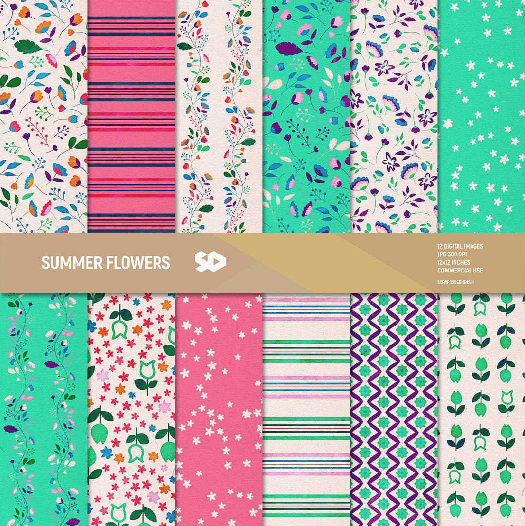 Summer Flowers Digital Paper Pack. Floral Scrapbooking Pages, Summer ...