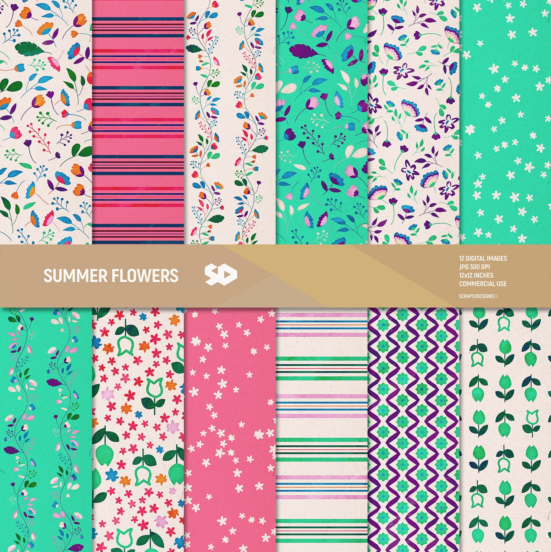 Summer Flowers Digital Paper Pack. Floral Scrapbooking Pages, Summer ...